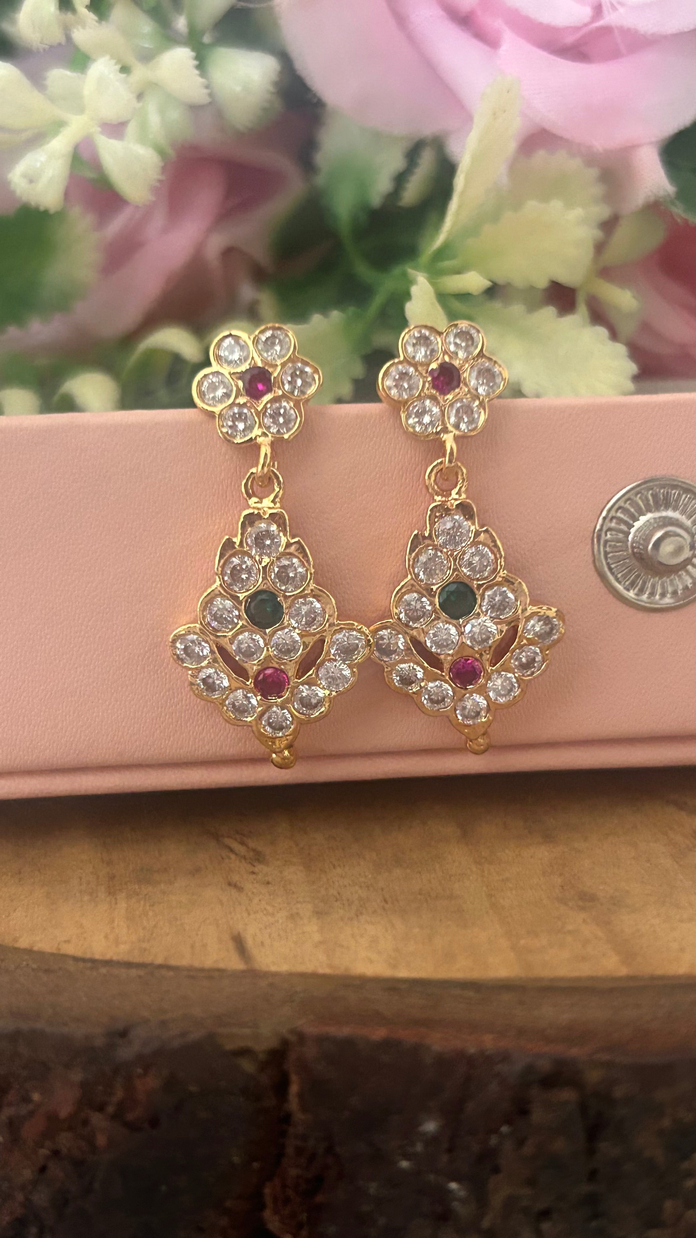 Traditional Panchaloham Drop Earrings with Ruby & Green Stone Accents ...